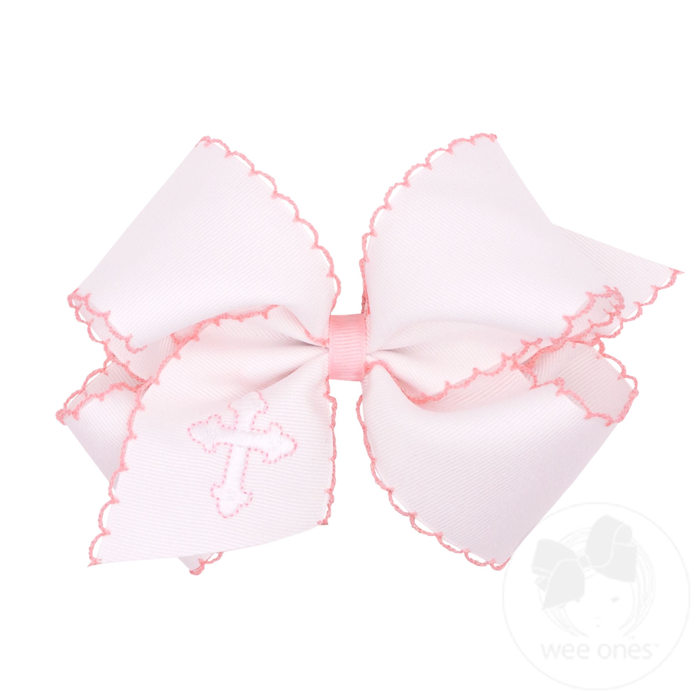 King White Grosgrain Hair Bow with Moonstitch Edge and Cross Embroidery ...