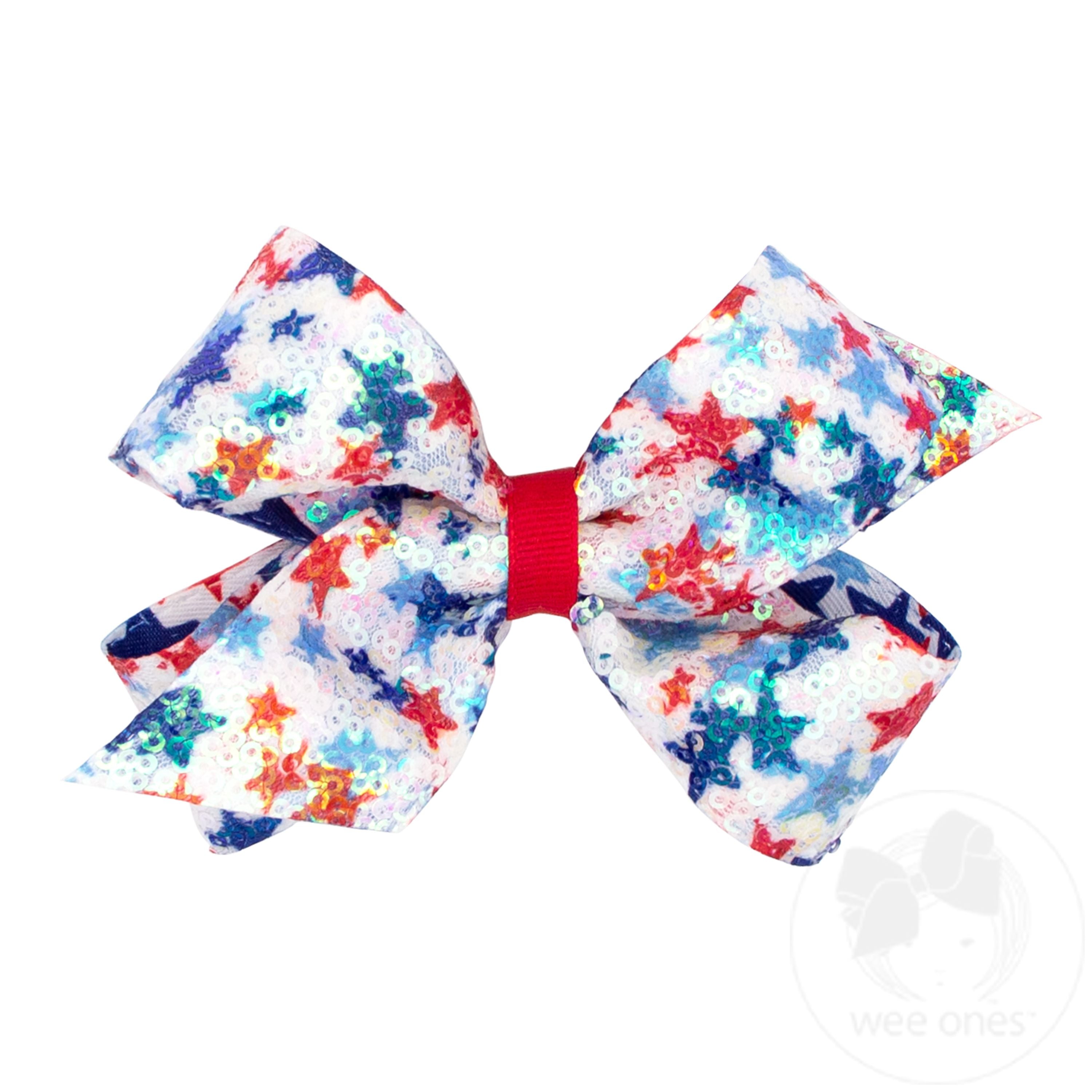 Medium Patriotic Sequin Print Hair Bow - STAR | Wee Ones Hair Bows ...