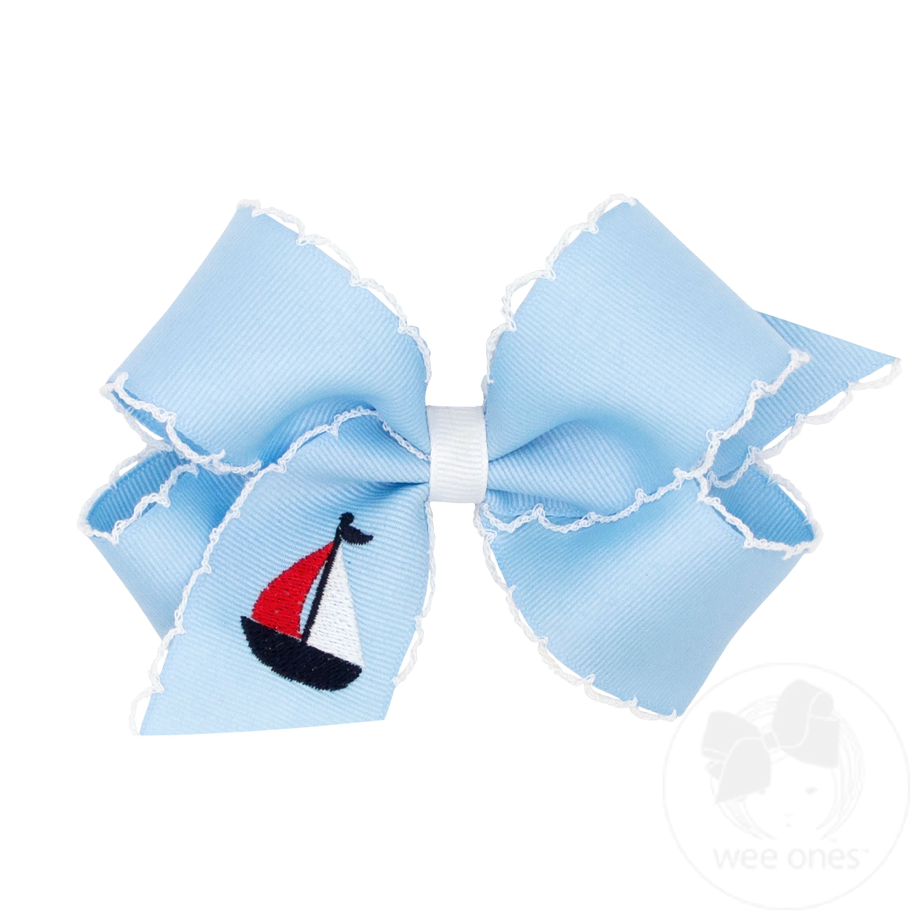 Medium Grosgrain Hair Bow with Moonstitch Edge and Embroidery - BLU W ...