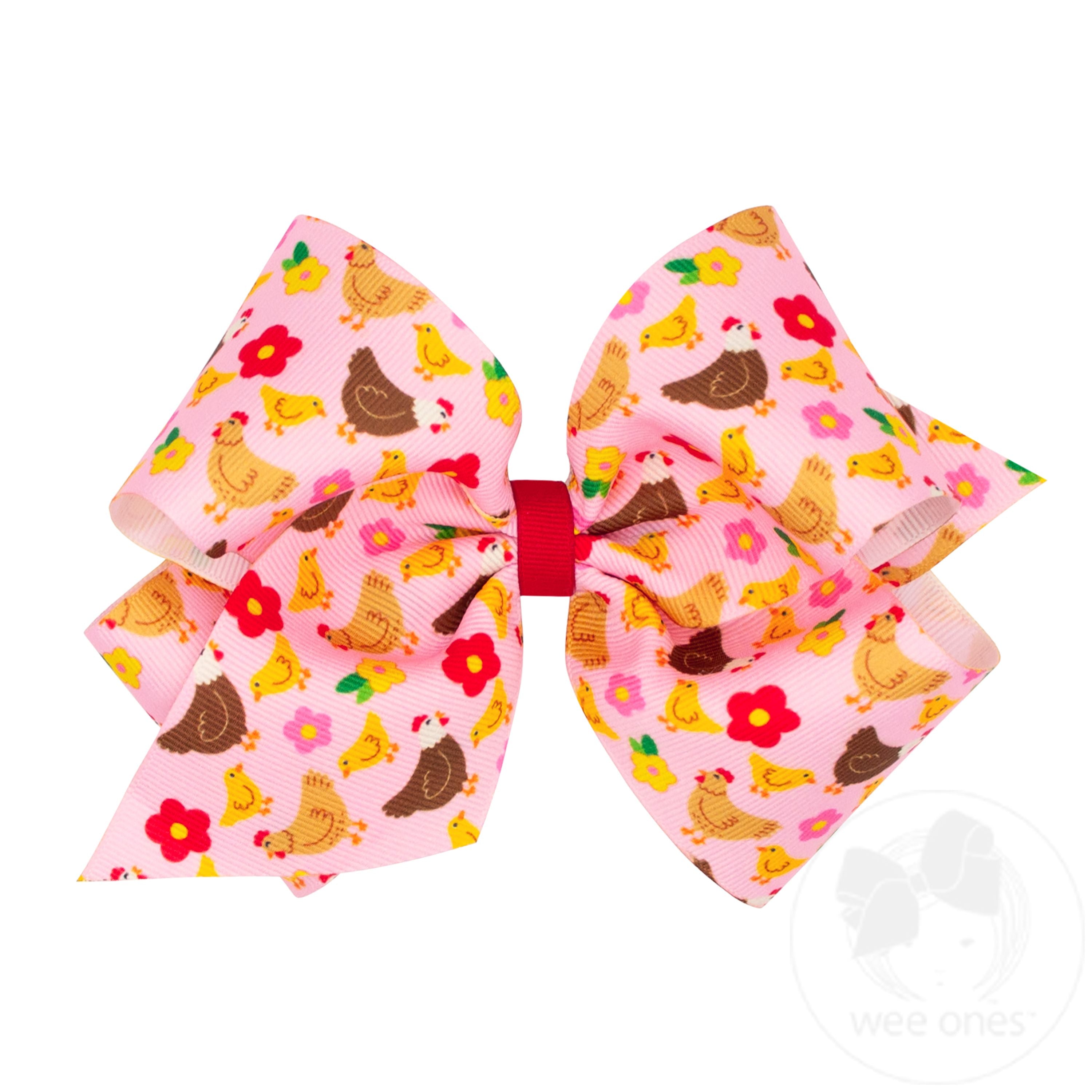 King Farm-themed Grograin Chicken Print Hair Bow - CHICK | Wee Ones ...
