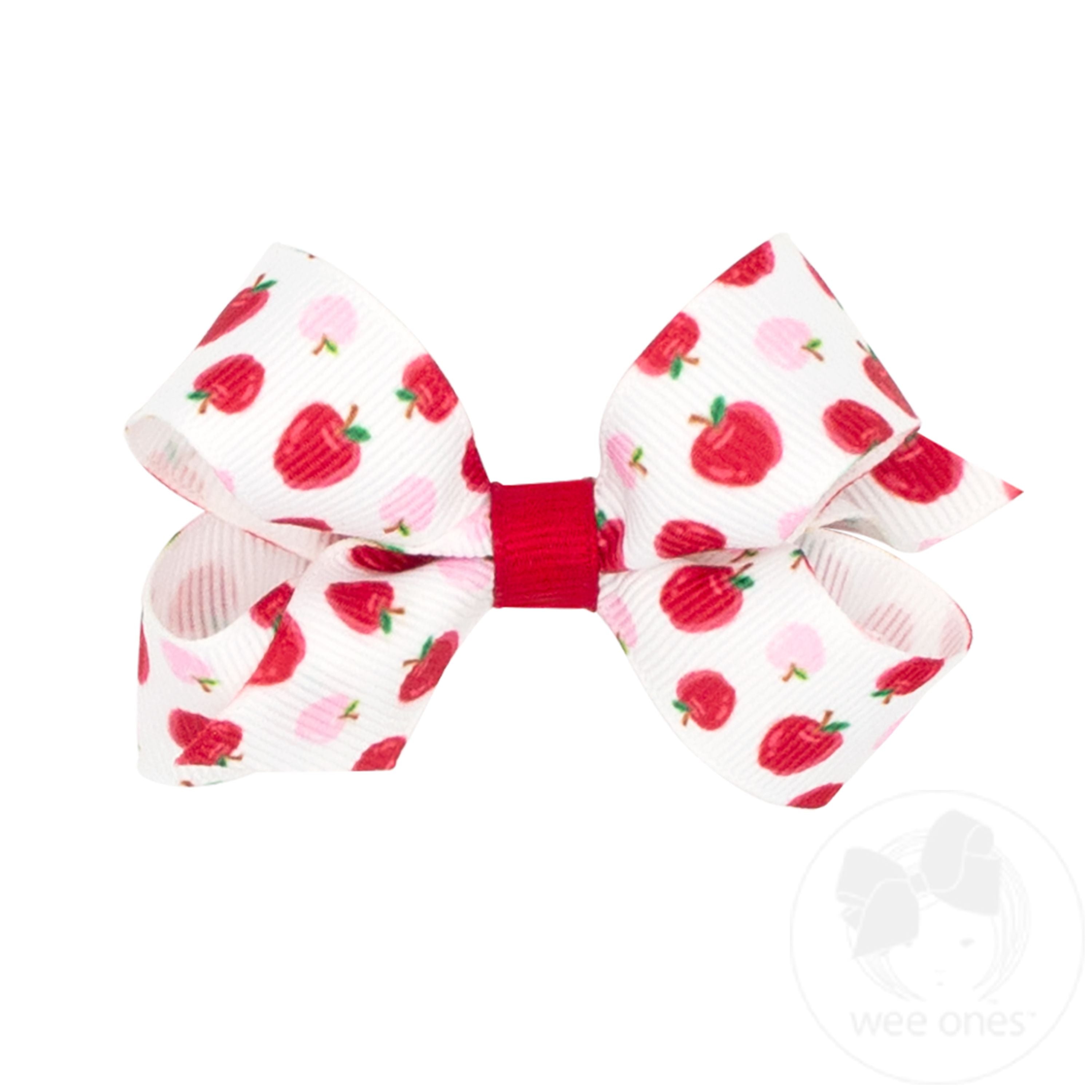 Mini Back to School Print Grosgrain Hair Bow - APPLE PINK | Wee Ones ...