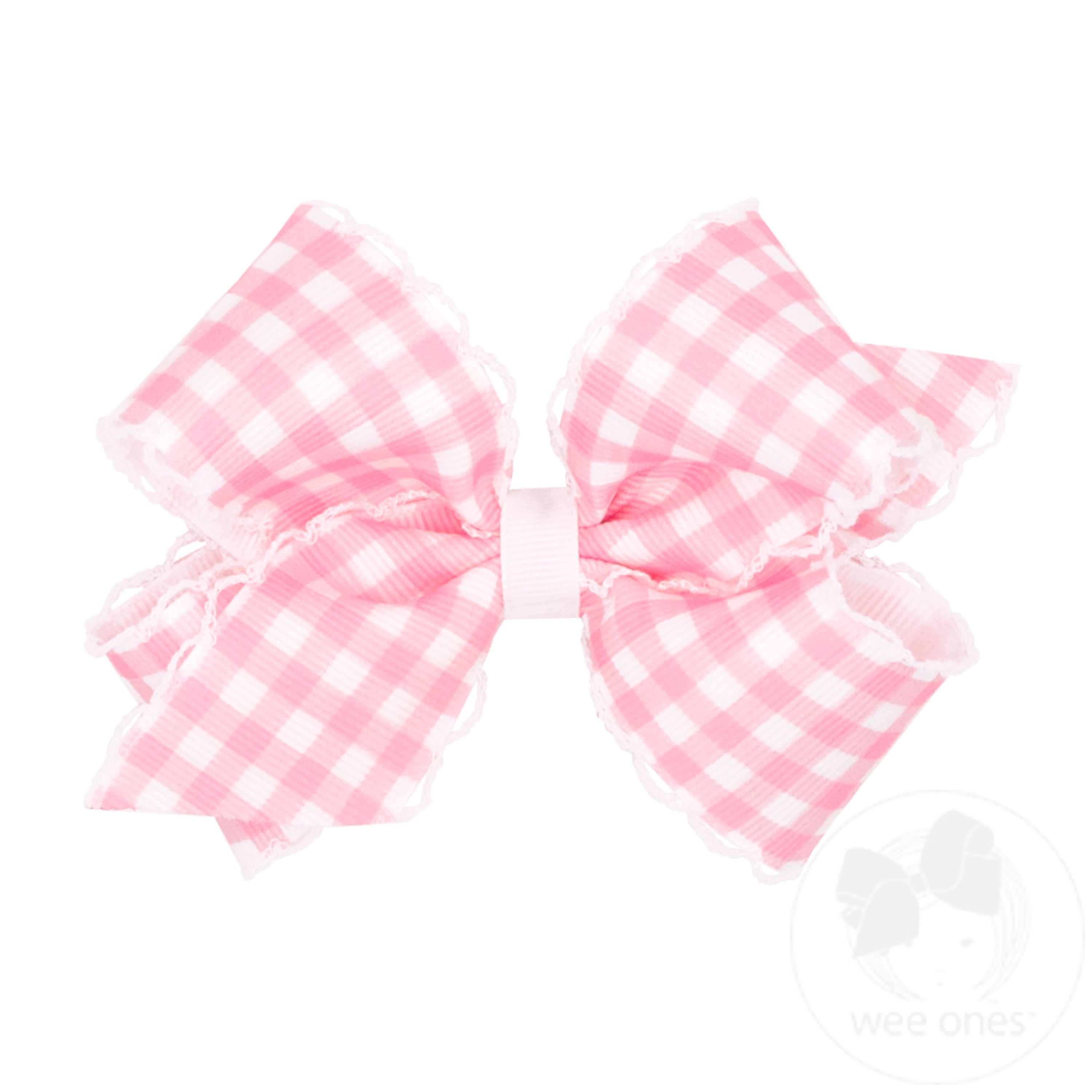 Medium Moonstitch Hair Bow in Pearl Pink Gingham Print - PEARL | Wee ...