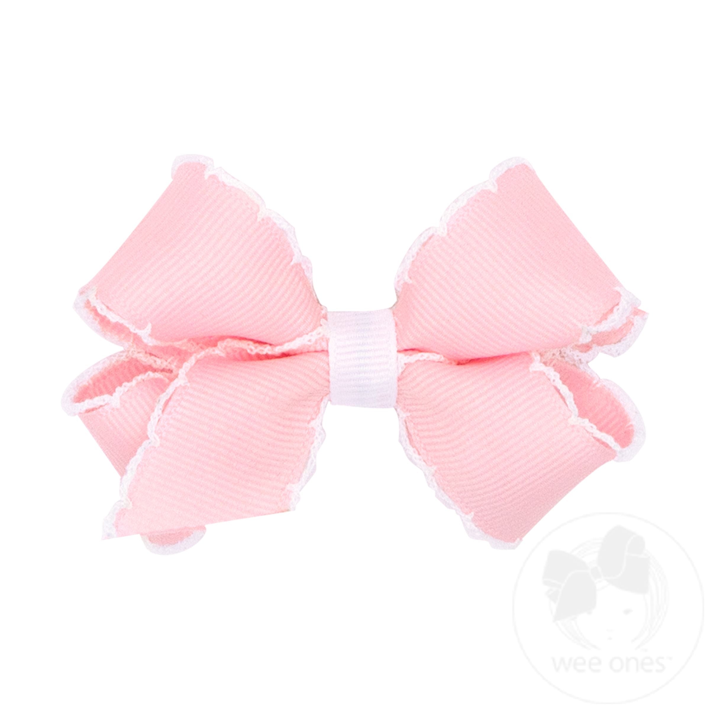 Mini Moonstitch Grosgrain Hair Bow with Contrasting Wrap - LPK W/ WHT ...