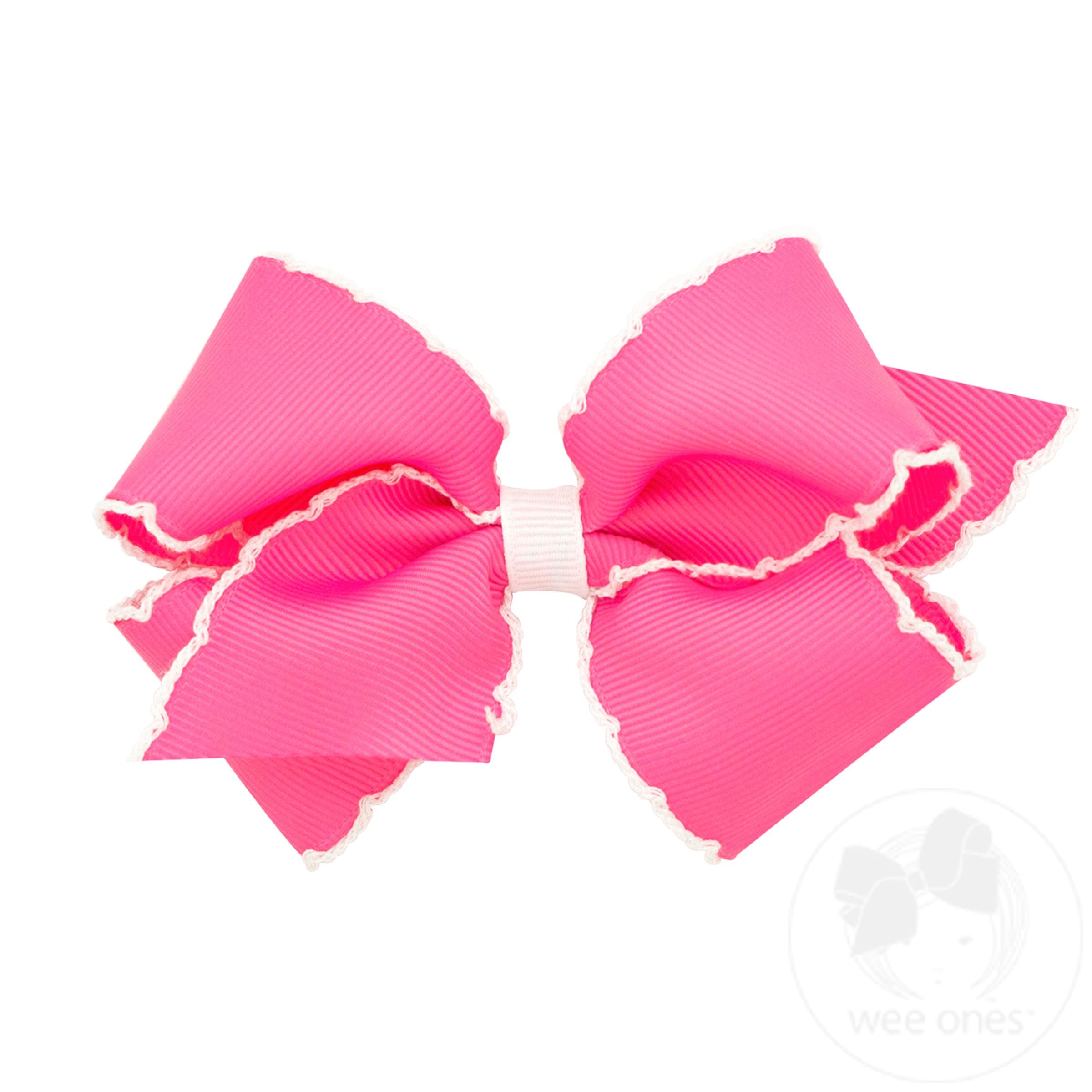 Small Moonstitch Grosgrain Hair Bow with Contrasting Wrap - LPK W/ WHT ...