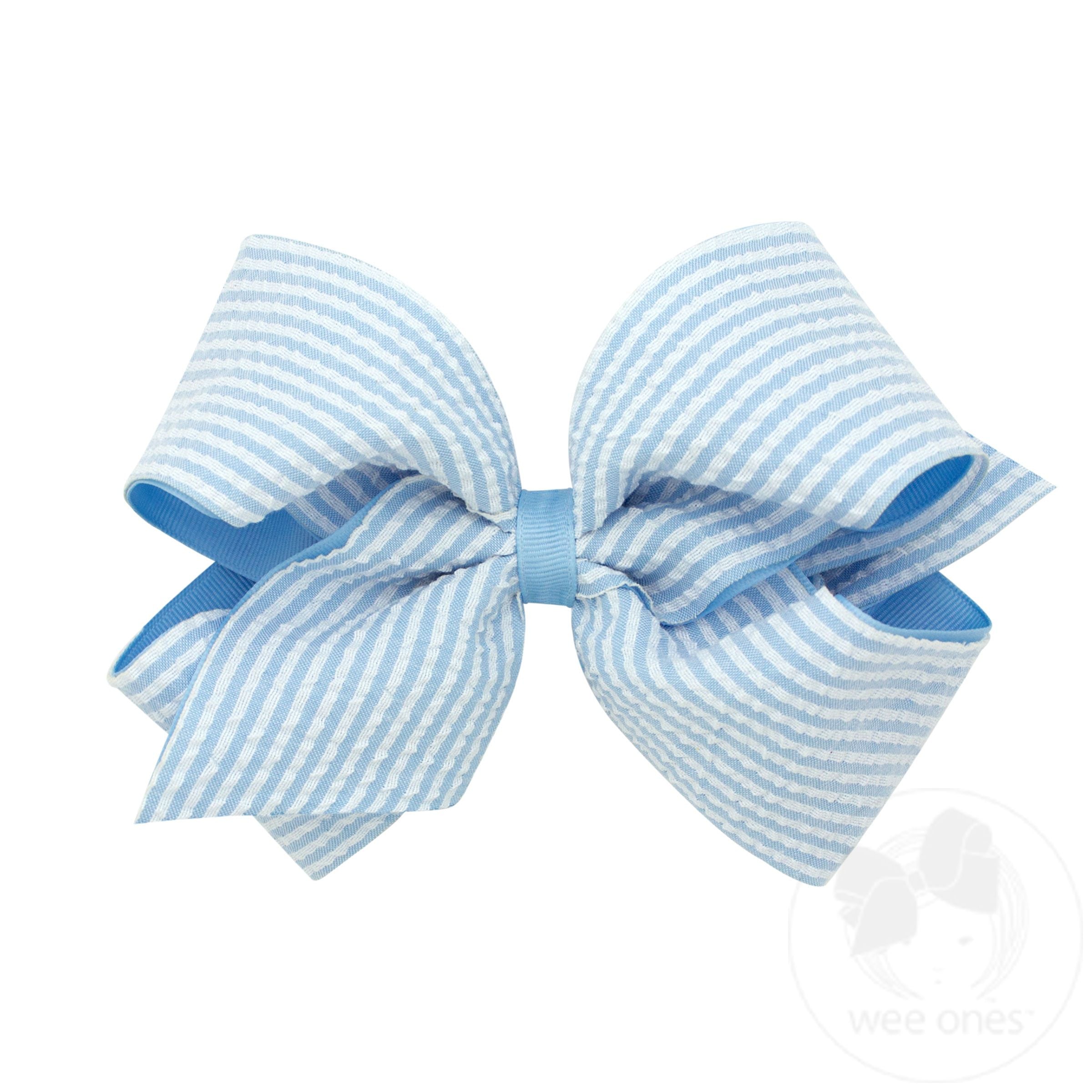 King Genuine Seersucker Fabric and Grosgrain Overlay Hair Bow - BLUE ...