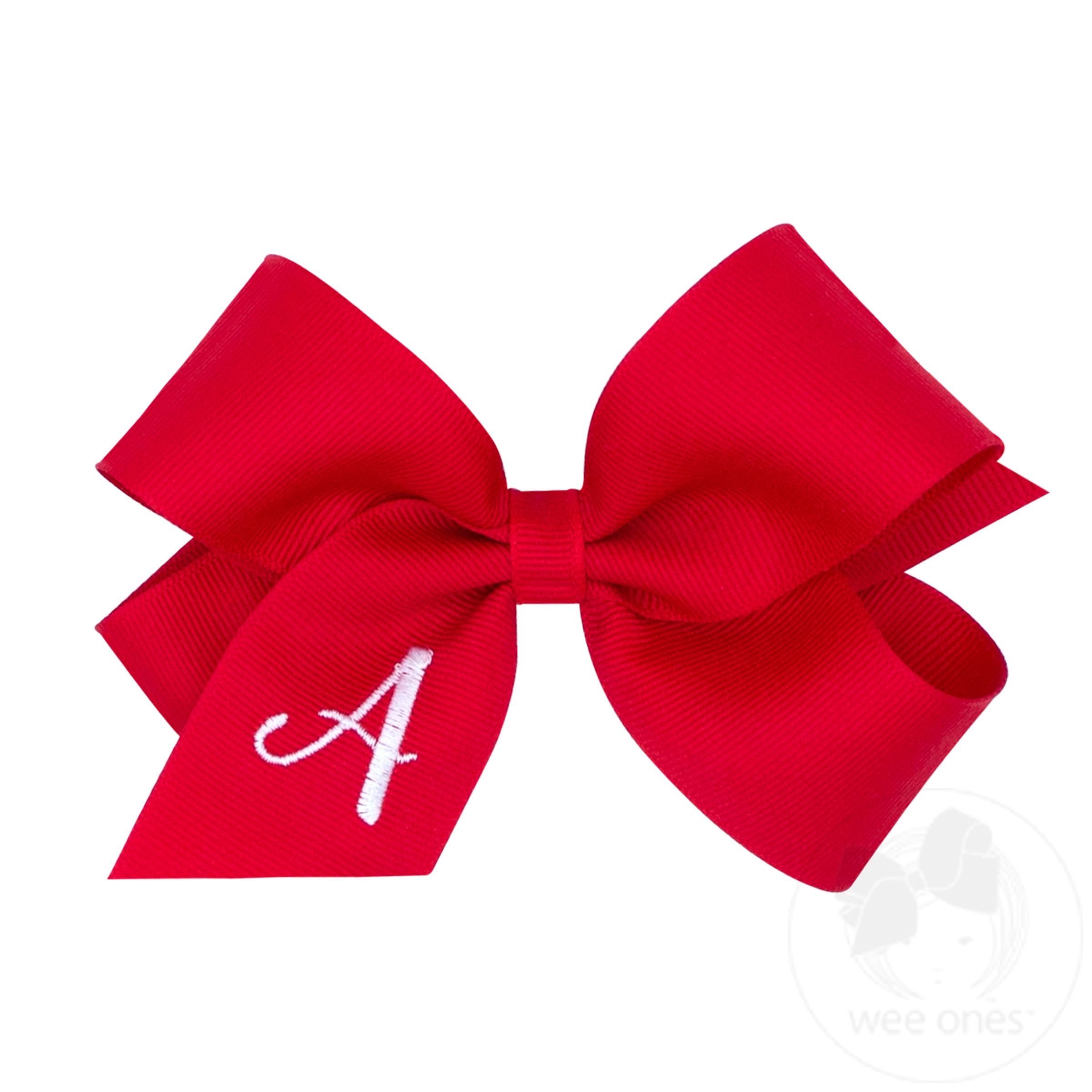 Medium Monogrammed Grosgrain Girls Hair Bow - Red with White Initial ...